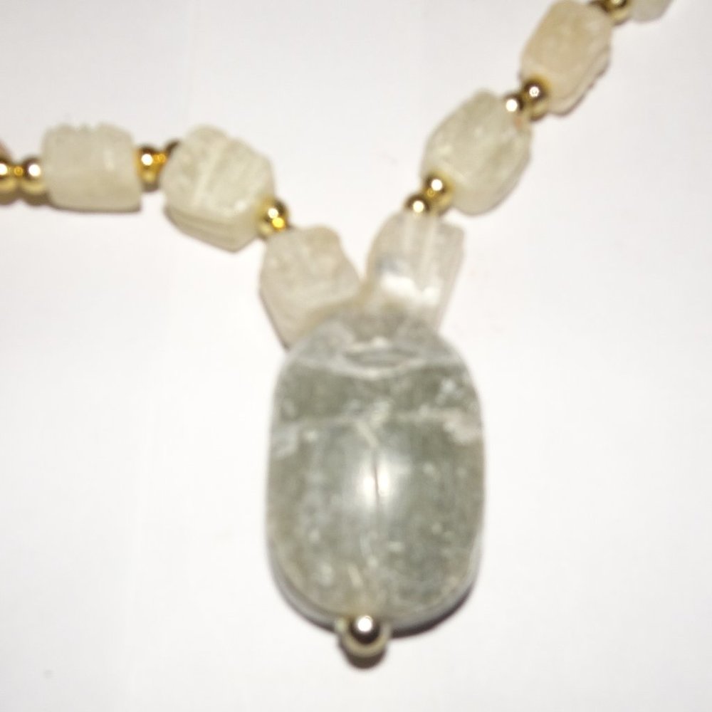 Vintage Alabaster Scarab Beetle Carved Necklace - Gem